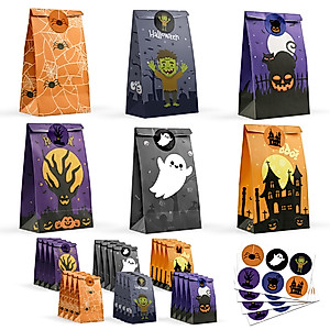 Halloween Treat Bags - 24 PCS Halloween Party Favors,Halloween Goodie Bags with Halloween Stickers for Kids | Halloween Candy Bags - Trick or Treat Bags,Mini Paper Gift Basket- Halloween Decorations Crafts Party Supplies