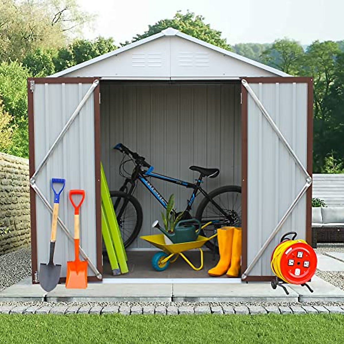 Hootata 6' × 4' Metal Outdoor Storage Shed with Door & Lock, Galvanized Waterproof Garden Storage Tool Shed with Base Frame for Backyard Patio,White-Chocolate