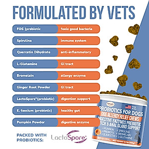 Probiotics for Dogs, Allergy Relief Soft Chew Treats, Fiber Supplement & Enzyme Prebiotic for Digestion Support, Itchy Skin, Reduce Diarrhea - Pumpkin for Dogs, Made in USA (90 ct)