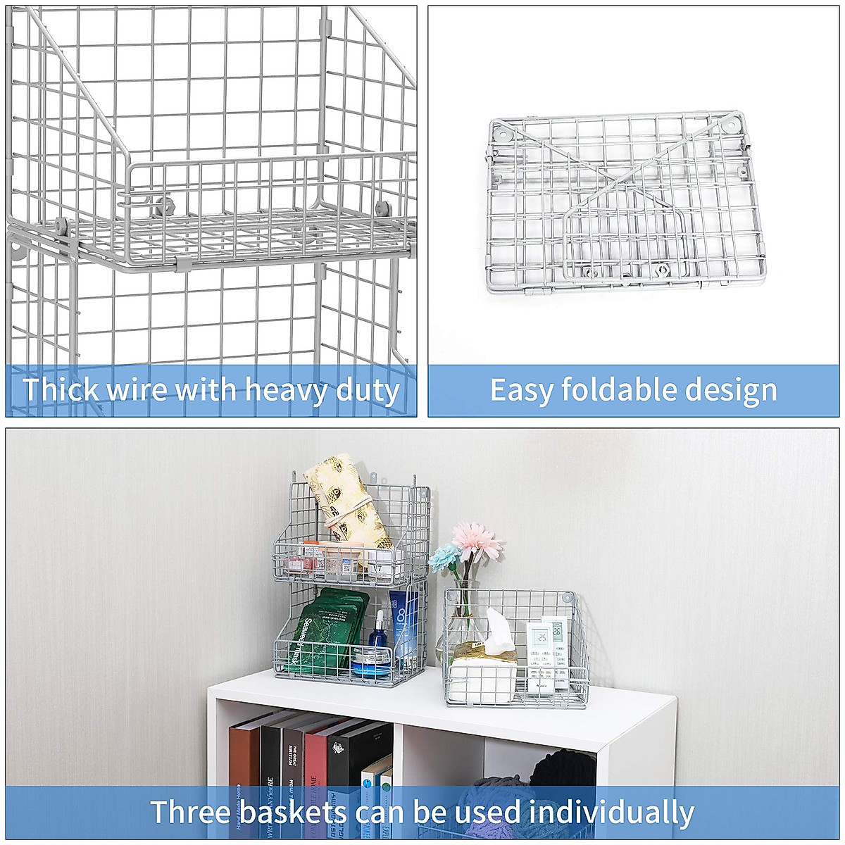 3 Tier Stackable Tea Bag Organizer with 5 Hooks Metal Wire Basket Coffee Condiment Snack Rack Holder Countertop Caddy Bin Wall Mount Shelf for Office Kitchen Cabinet Pantry-Silver Patent Desgin