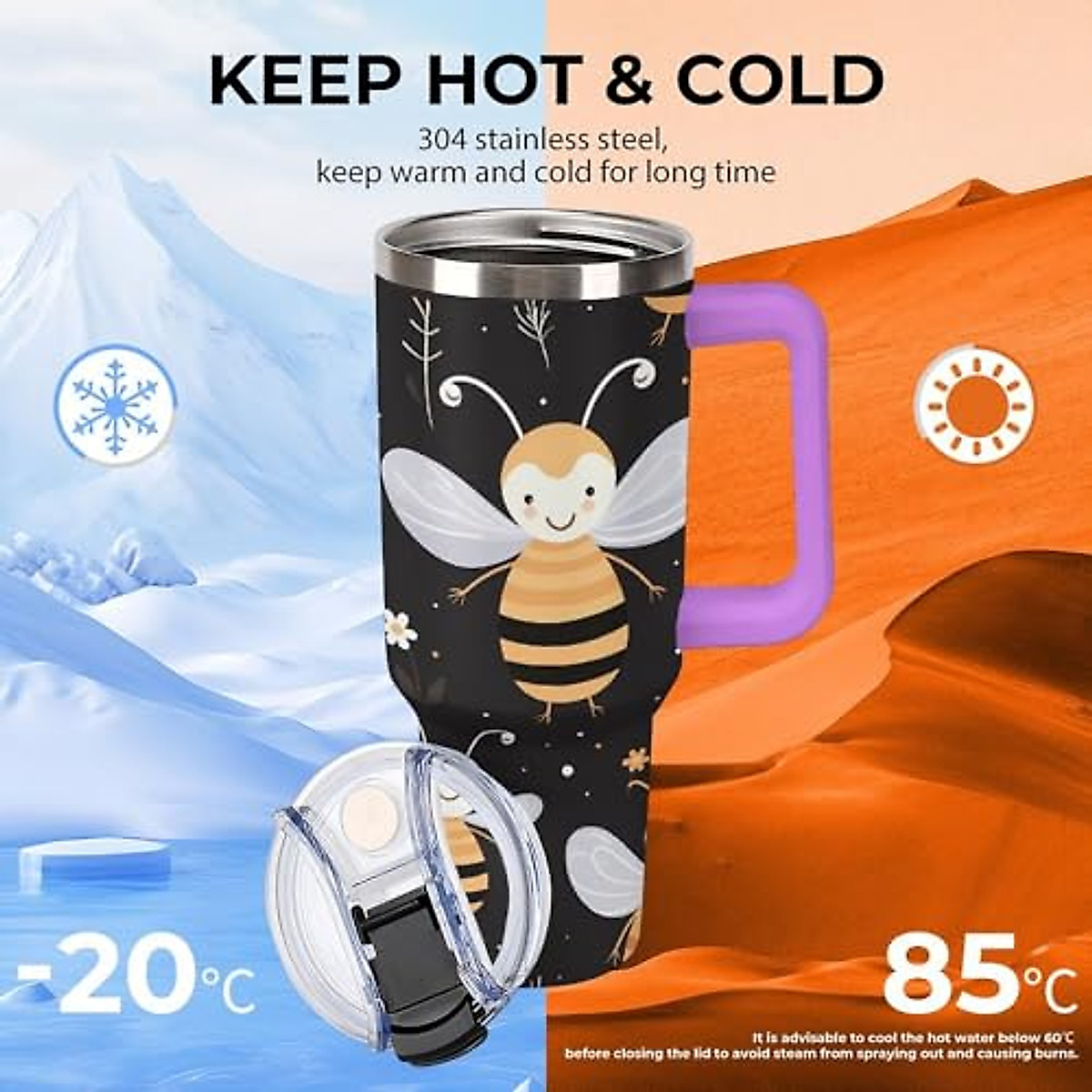 Floral Bee 40 Oz Car Cup Stainless Steel Travel Mug Leak-Proof Insulated Tumbler with Handle Violet-style