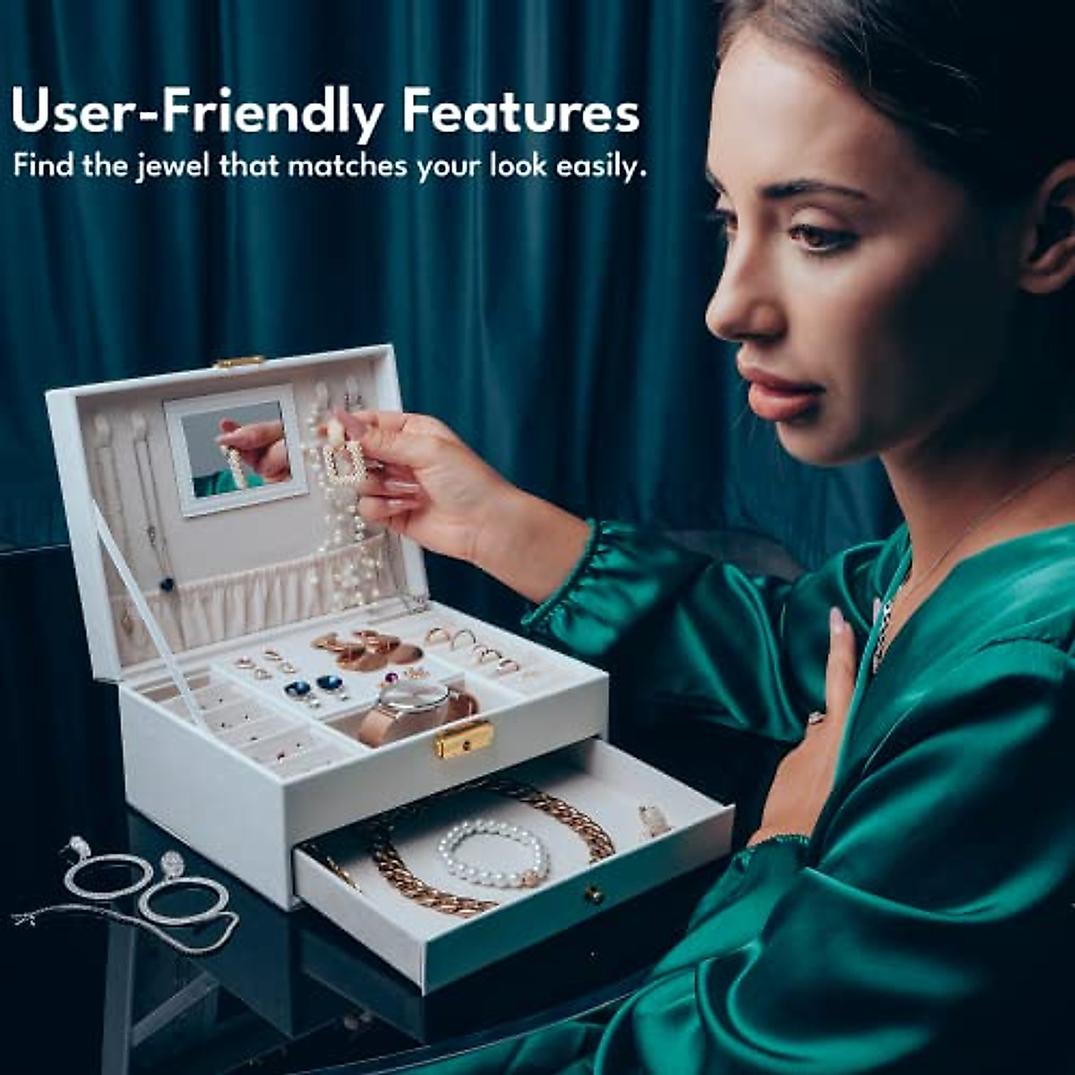 NUCAZA Jewelry Box For Women Girls With Mirror, 2-Layers Large Jewelry Organizer Box for Earrings, Necklaces, Bracelets & Rings - Travel Jewelry Case, Jewelry Holder Storage, Gifts For Women White