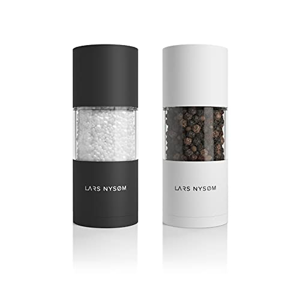 LARS NYSØM Salt and Pepper Grinder Set I Salt and Pepper Mills with Adjustable Ceramic Grinder 2 pieces I Manual Design Spice Grinder Set I Black/White