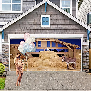 Preboun Christmas Nativity Garage Door Banner Cover Nativity Stable Scene Backdrop Banner Farm Barn Backdrop Christmas Banner Western Photo Backdrop Outdoor Xmas Holiday Winter Party Decor (6 x 13 FT)