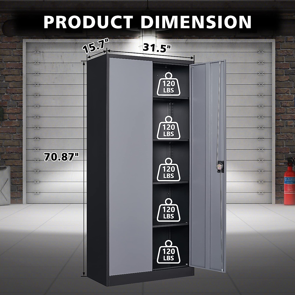 BYNSOE Garage Storage Cabinet with 5 Adjustable Shelves Metal Storage Cabinets with Locking Door, Steel Classic Storage Cabinet for Home, School, Office, Garage (Black Gray-Style 1)