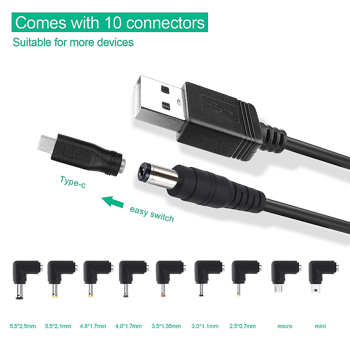 XINYUWIN 5FT USB to DC 5V Power Cable 5.5 * 2.1mm Barrel Jack with 10 Connectors Adapter for HUB Splitter, LED Lights, Router, Mini Fan, Speaker Etc.