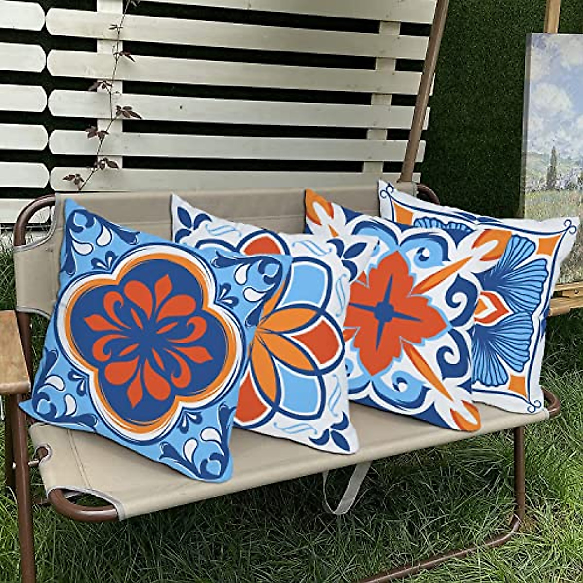 Tlovudori Outdoor Waterproof Throw Pillow Covers Set of 4 Ethnic Floral Printed and Boho Geometry Farmhouse Outdoor Pillow Covers for Patio Furniture Garden 18x18 Inch Blue Orange (18X18Inch, EF-Boho)