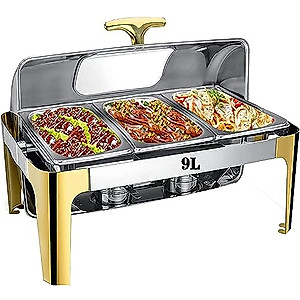 Stainless Steel Chafing Dishes with Lid for Parties, 9L Commercial Food Warmer for Buffet, Buffet Server with 3 Kind of Warming Tray for Holidays, Catering, Home Dinners