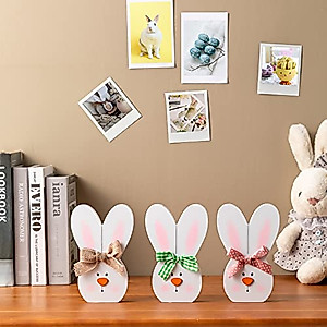 Easter Decorations for the Home, hogardeck 3 Pcs Easter Bunny Table Decor, Wood Sign Rabbit Block Set with Plaid Dot Burlap Bow Wooden Signs Table Centerpiece Farmhouse Decor for Party Fireplace Tiered Tray Tabletop