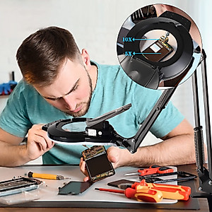 5X & 10X Magnifying Glass with Light, KIRKAS 2,200 Lumens Dimmable 10X Mother-Child Real Glass Lens LED Magnifying Lamp with Clamp, Lighted Magnifier Light for Close Work, Reading, Repair, Hobby-Black