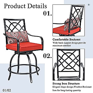 Omelaza 3 Pcs Patio Swivel Bar Stools Set, Outdoor Bar Height Bistro Chairs Set with 2 Cushioned Chairs & 1 Square Bistro Table, Backyard, Lawn, Garden, Black