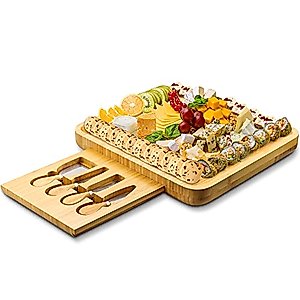Bamboo Cheese Board and Knife Set, sungwoo Wood Charcuterie Servering Boards Set, Charcuterie Board Accessories, Cheese Plates, for Christmas Women Housewarming Day Wedding Thanksgiving