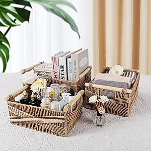 ANMINY 3 Pack Woven Storage Basket with Wood Handles Handmade Natural Paper Rope Decorative Boho Desk Wicker Storage Bins Box Set Nursery Baby Kid Large Meduim Small Shelf Organizer Container - Brown