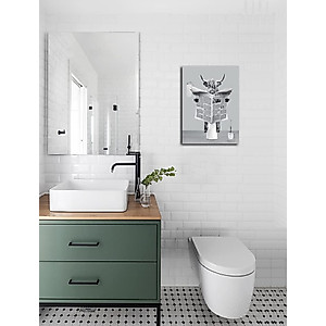 Yaoliyu Bathroom Decor Highland Cow Wall Art,Cow Reading Newspaper on Toilet Canvas Prints Black and White Cow Picture Funny Farmhouse Wall Decor Stretched and Framed Ready to Hang 12x16inch