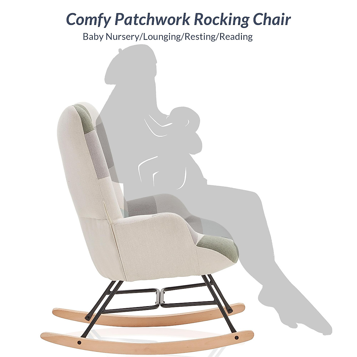 BELLEZE Colorful Patchwork Rocking Chair, Widen Nursery Rocking Chairs Comfy Linen Upholstered Glider Rocker with Solid Wood Legs for Living Room Bedroom Nursery - Paramount (Patchwork A)