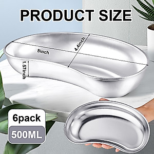 Blulu 6 Pcs Stainless Steel Kidney Tray 8'' Medium Kidney Shaped Emesis Basin Surgical Medical Tray pan Bowls Reusable Metal Kidney Dish Dental Lab Instruments Bathroom Soiled Dressings Medic Waster