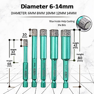 FACHLICH Dry Diamond Drill Bits,5pcs 1/2"(12mm) with Quick Change Hex Shank,for Granite Marble Tile Porcelain Ceramic Hard Materials