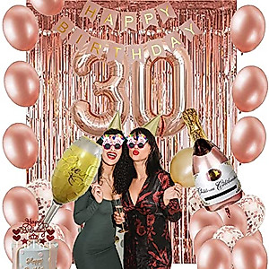 30th Birthday Decorations for Women - Rose Gold 30 Birthday Decor for Her，Happy Bday Banner Kits, Rosegold Balloons, Cake Topper, Foil Balloons and Sash for Girls Women Thirty Birthday Party Supplies