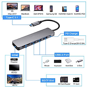 USB C Hub to HDMI Adapter, Sharllen 8 in 1 USB C Multiport Docking Station Connector with 4K HDMI, 3 USB 3.0 Ports, SD/TF Card Reader 100W PD Charging Compatible MacBook Pro/ Air ,Type C Devices