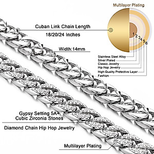 Cuban Link Chain For Men Necklace Bracelet Jewelry Set Silver Fake Diamond Iced Out Mens Bling Thick Necklaces Chains (Silver-14mm,20inch)