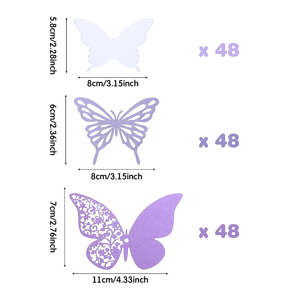 144 Pieces 3D Butterfly Wall Stickers Decor Butterfly Decals DIY Decorative Wall Art Cutouts Crafts Removable for Room Wedding Flower Party Decorations, 3 Styles (White, Light Purple, Dark Purple)