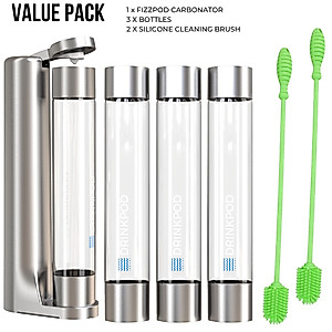 Fizzpod Home Soda Maker Sparkling Water Carbonator With 3 Bottles and 2 Bottle Brushes (Silver)