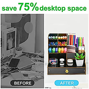 Marbrasse Upgraded Wooden Pencil Holder, Pen Organizer for Desk , Easy Assembly, Art Supply Organizer, Desktop Stationary Organizer Caddy (B17-Black)