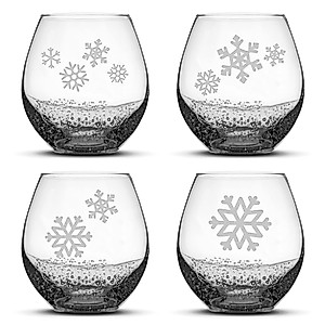 Integrity Bottles, Snowflakes (Set of 4) Stemless Wine Glass, Handmade, Handblown, Hand Etched Gifts, Sand Carved, 18oz (Bubble Smoke)