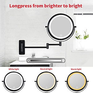 Keilefo Wall Mounted Makeup Mirror 10X Majnifying Mirror LED Light Dimmable Touch Screen, USB Charge, Extendable Double Sided Vanity Mirror 8 Inch, Black