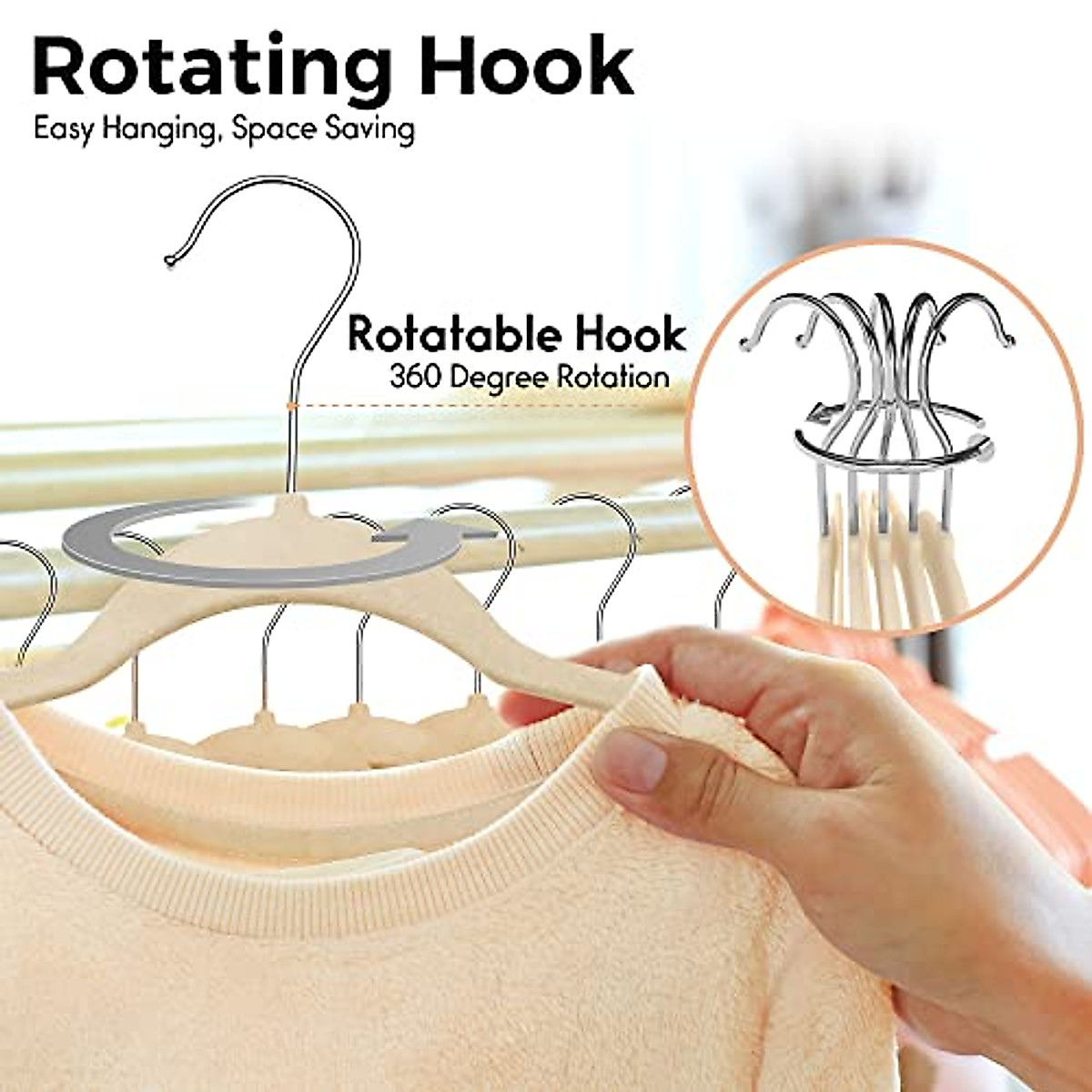 TECHZOO 50 Pack New Premium Quality Velvet Hangers Ultra Thin Non Slip Adult Felt Space Saving Hangers for Closet Heavy Duty Coat Pants Jackets Dress Hangers 360° Swivel Hook Hold Upto 10 lbs Ivory