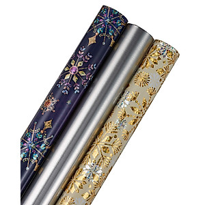 Papyrus Wrapping Paper Rolls for Christmas, Hanukkah, and All Holidays, Snowflakes Print and Metallic Silver (3 Rolls, 62.5 sq. ft.)