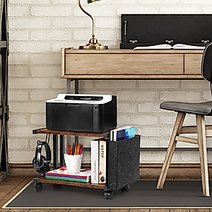 HEOMU Printer Stand with Storage Bag, 2 Tier Under Desk Printer Cart with Wheels, Wood Desktop Printer Table Organizer for Fax Machine, Copier, Scanner