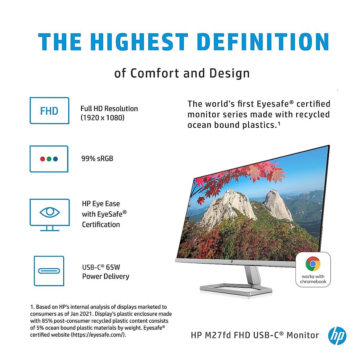 HP M27fd FHD 65w USB-C Monitor - Works With Chromebook - Computer Monitor with 27-inch IPS Display(1080p)- Eyesafe & 99% sRGB - AMD Freesync- HDMI, VGA & USB-C - Borderless Design- Tilt Adjust - Black