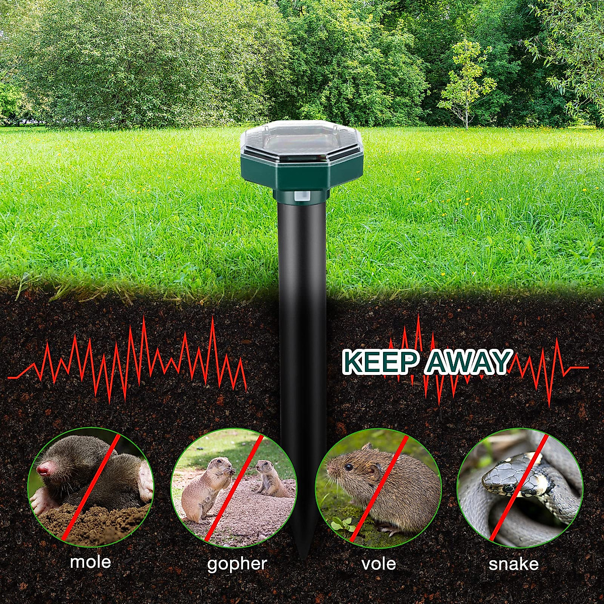 16 Pack Solar Mole Repellent Ultrasonic Gopher Repellent Solar Powered Waterproof Snake Repellent Vole Mole Deterrent Spikes Rodent Mouse Repellent for Outdoor Garden Yard Lawn