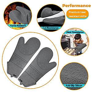 Jumeijia Oven Mitts and Hot Pads Sets, 8Pcs Extra Long Silicone Oven Gloves with Non-Slip Heat Resistant Hot Trivet Mats and Cooking Pinch Mitts Pot Holders Set for Baking Cooking, Grey