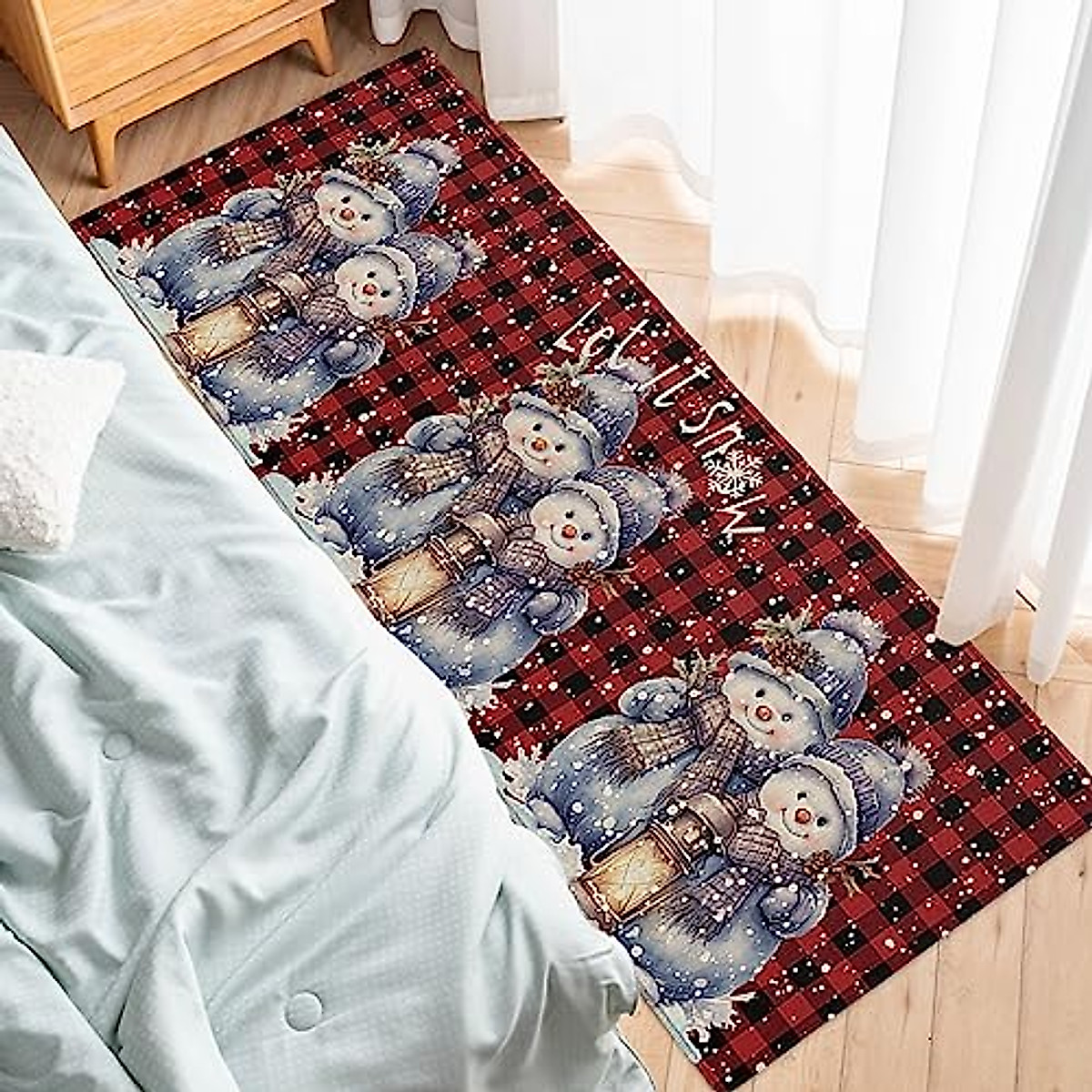 Christmas 2Pcs Kitchen Rugs, Anti Fatigue Kitchen Mat Non Slip Rug Runner Comfort Standing Floor Mats Kitchen Carpet Set for Sink, Laundry - Christmas Cartoon Snowman Red Black Plaid