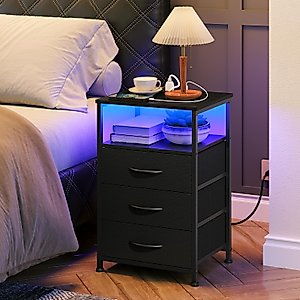 HOOBRO Nightstand with Charging Station and LED Light, Bedside Table with 3 Fabric Drawers, Night Stand with USB Ports and Outlet, End Table for Bedroom, Dorm, Black BB403UDBZ01