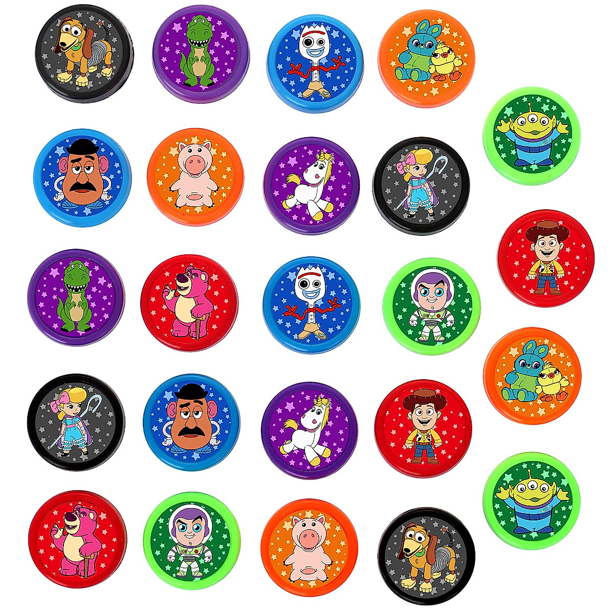 24 Pcs Toy Inspired Story Themed Stampers, Toy Inspired Story Birthday Party Supplies Favors, Classroom Rewards Prizes, Goody Bag Treat Bag Stuff for Toy Inspired Story Birthday Party Gifts
