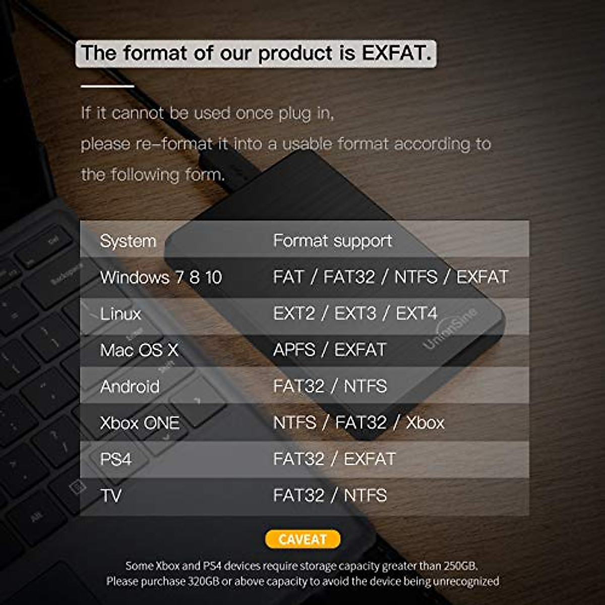 UnionSine 250GB Ultra Slim Portable External Hard Drive USB3.0 HDD Storage Compatible for PC, Desktop, Laptop, Xbox One, Xbox one, PS4(Black)