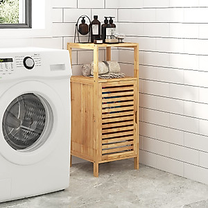 SogesHome Bamboo Bathroom Storage Cabinet, Freestanding Floor Cabinet with 2-Tier Shelf for Kitchen, Midi Cabinets with 1-Door for Living Room, Bathroom