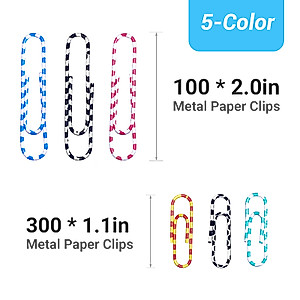 400 PCS Paper Clips, Metal Coated Paperclips, Paper Clips Assorted Sizes Medium & Large, Striped Colored Paper Clips for Teacher Supplies School Supplies Teacher Supplies(1.1", 2")