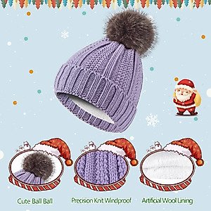 Kids Winter Hat Gloves Scarf Set Girls Boys Beanie Children Knit Neck Warmer Warm Fleece Pom Cap Purple 6-10 Years Old Cold Weather Sets Gifts for Childrens Niñas Niños Gorros Bufandas