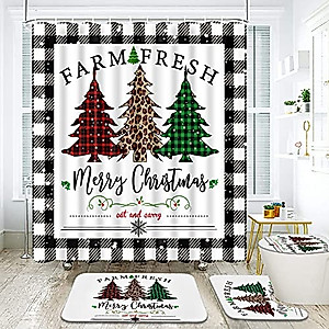 Likiyol 4 Pcs Merry Christmas Shower Curtain Sets with Non-Slip Rugs, Toilet Lid Cover and Bath Mat, Buffalo Plaid Shower Curtain with 12 Hooks, Winter Holiday Tree Shower Curtain