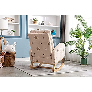 Setawix Rocking Chair for Nursery, Midcentury Modern Accent Rocker Armchair with Side Pocket, Upholstered High Back Wooden Rocking Chair for Living Room Baby Room Bedroom（Beige Bear）