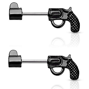 Pierced Owl 14G Stainless Steel Revolver Pistol Nipple Barbells, Sold as a Pair (Black)