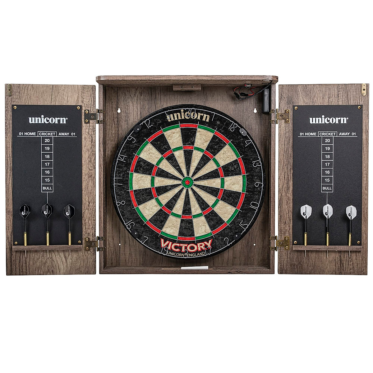 Unicorn LED Bristle Dartboard Cabinet Set - LED Tournament-Style Lighting - Official Size Dartboard - Woodgrain Finish Cabinet with Chalk Scoreboards - Includes Six Steel Tip Darts, Brown