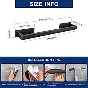 NearMoon Self Adhesive Bathroom Towel Bar-Stainless Steel Square Bath Wall Shelf Rack Hanging Towel Stick On Sticky Hanger Contemporary Style, NO Drilling （Matte Black, 9-Inch Towel Rack）