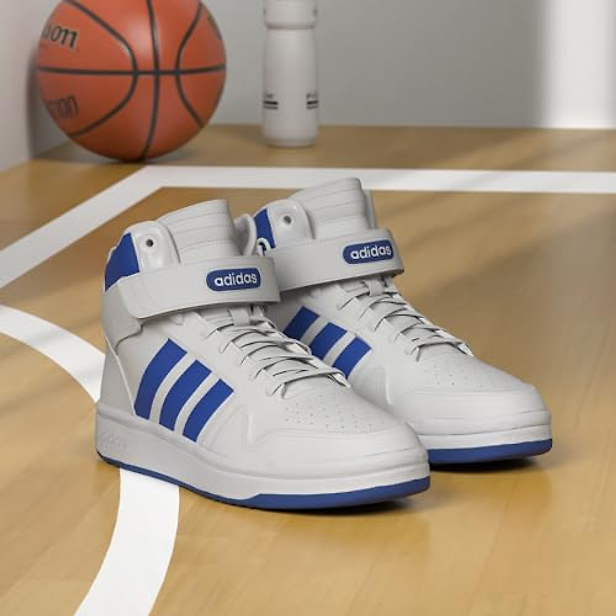 adidas Men's Postmove Mid Basketball Shoe, White/Team Royal Blue/Grey, 8