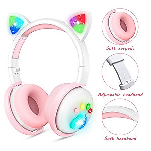 Kids Headphones, Wireless Cat Ear LED Light Up Bluetooth Headphones for Girls w/Microphone, Over On Ear Headset for School/Kindle/Tablet/PC Online Study Birthday Xmas Gift (Pink&White)