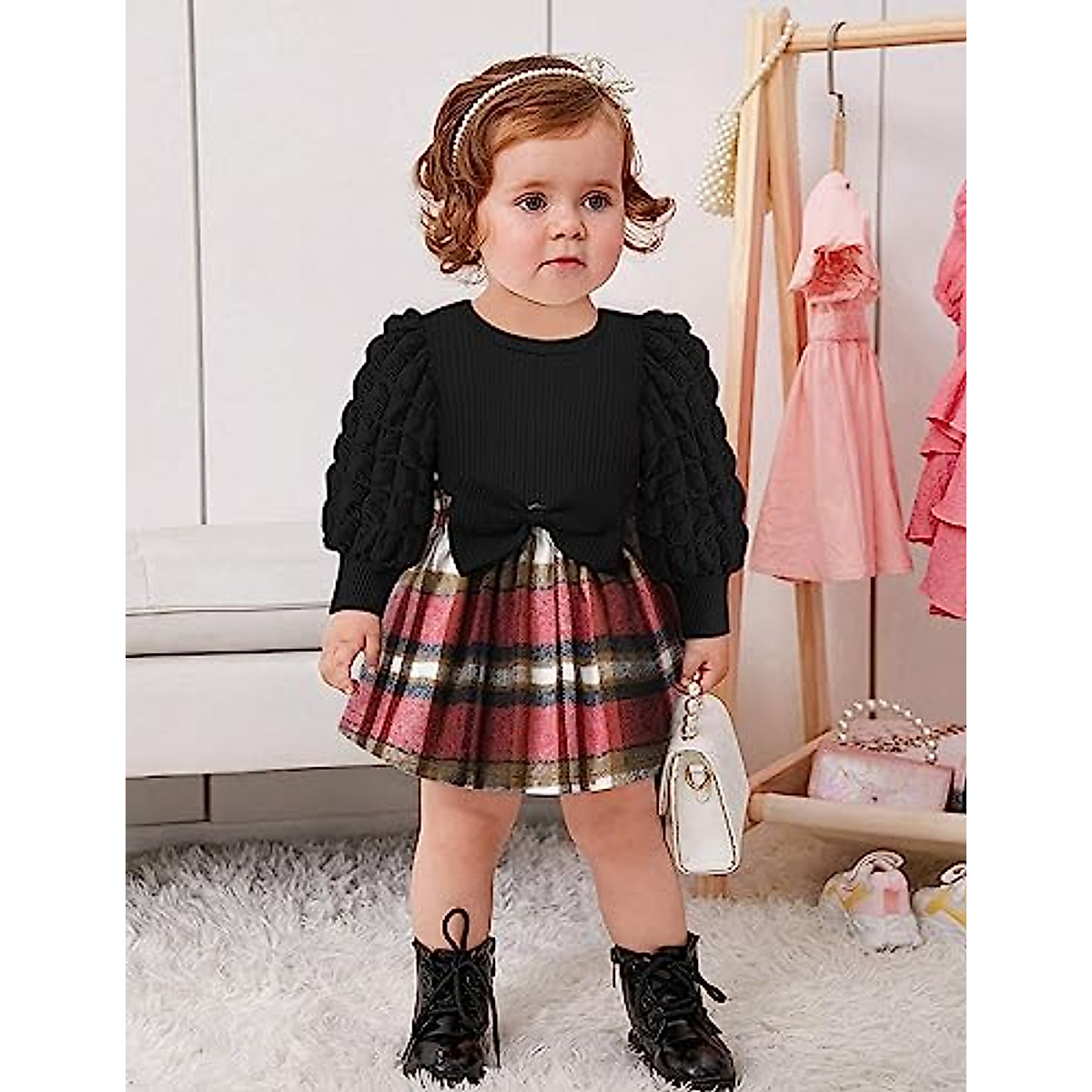 Qaoerde Baby Girl Dresses 3-6 Months Baby Girl Dress Puff Sleeve Red Plaid Dress Ribbed Baby Girls' Dresses Baby Dresses 3-6 Months Baby Girl Fall Dress Baby Girl Winter Dress Christmas Outfit